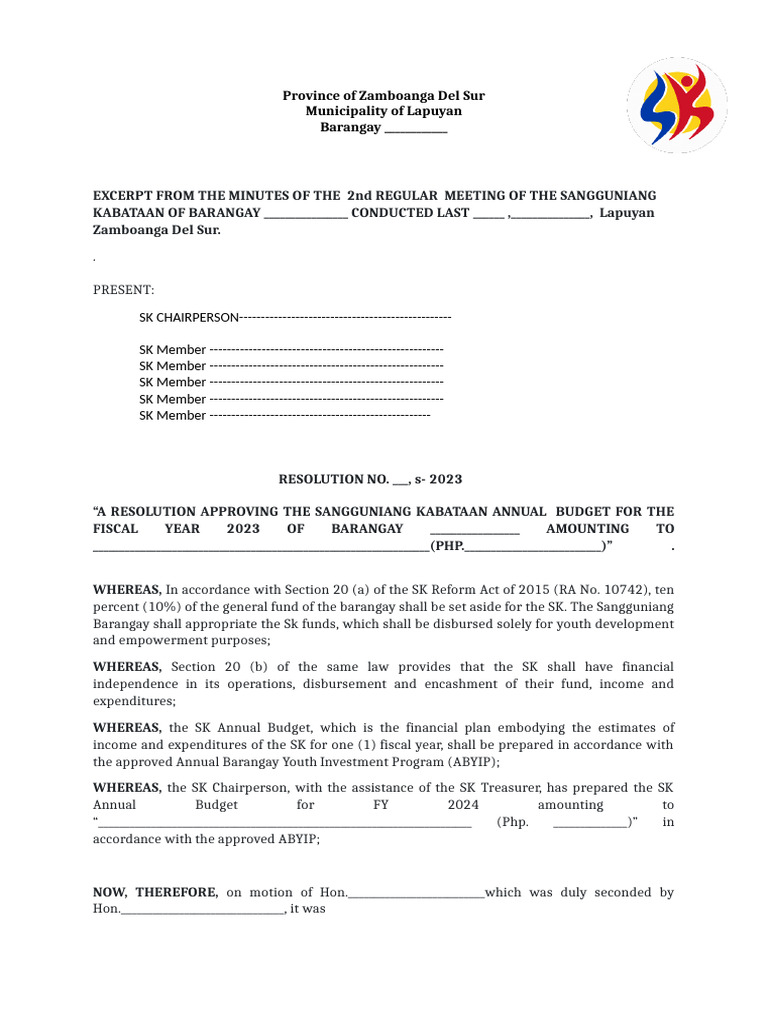 Sample Reso Apporving The SK Annual Budget 2024 | PDF | Government Finances