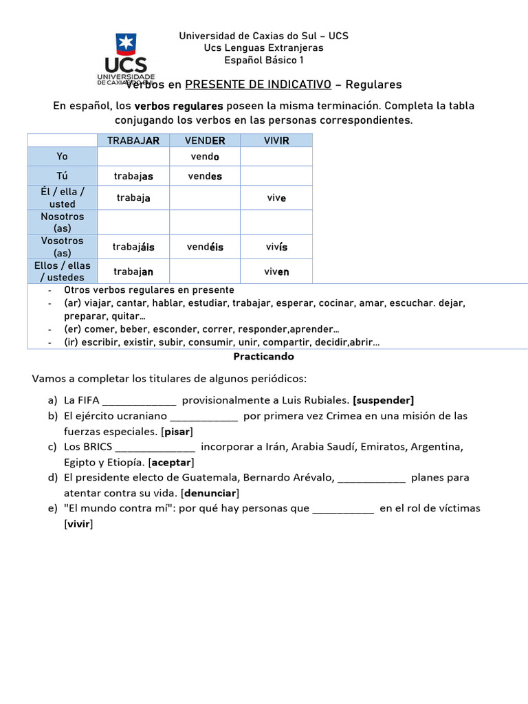 PRESENTE DE INDICATIVO - Regulares e Irregulares E-Ie | PDF