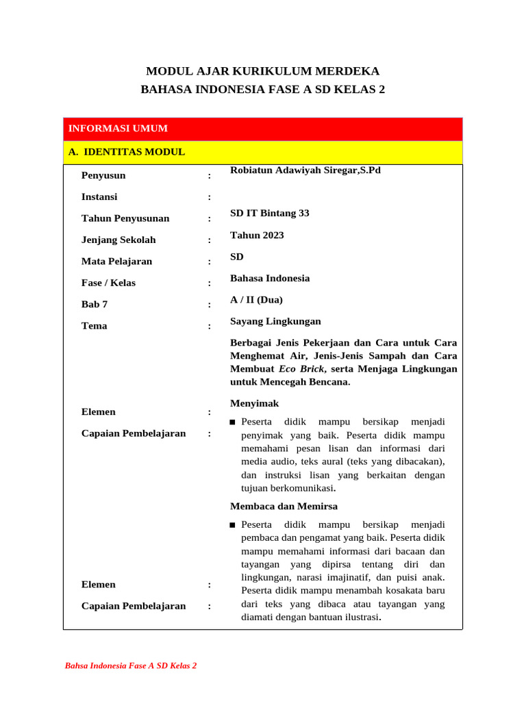 Modul Ajar Bahasa Indonesia Kelas 2 Bab 7 Ustazah Citra | PDF