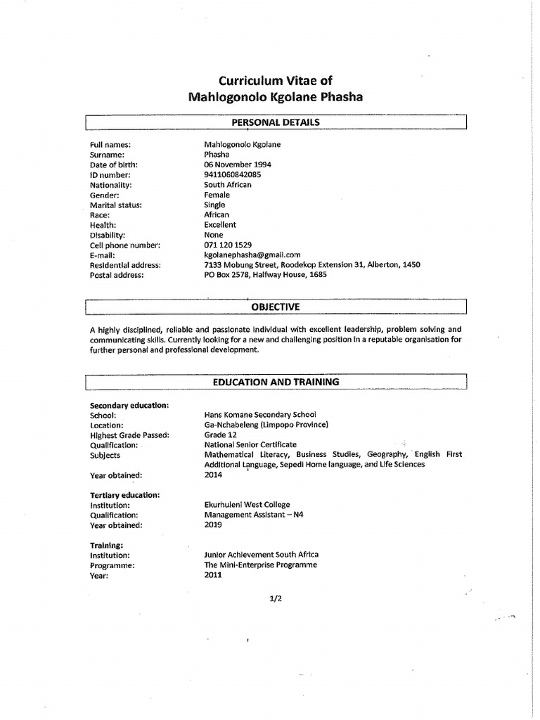 Kgolane Phasha CV | PDF