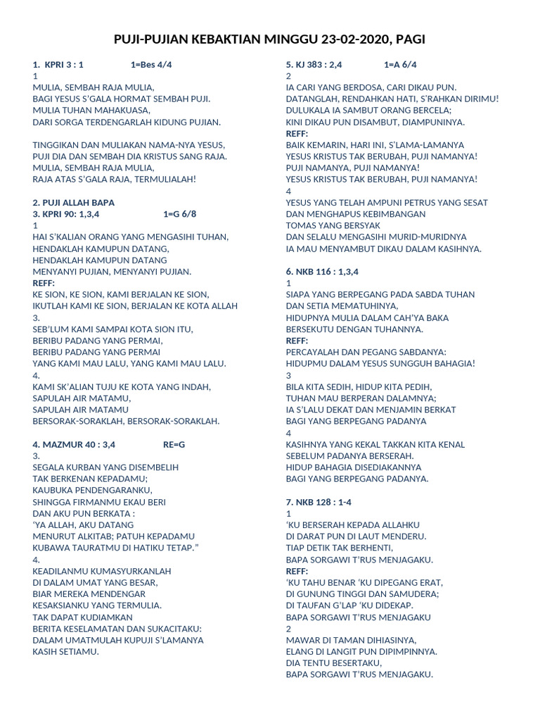 Puji-Pujian Kebaktian Minggu 23-02-2020, Pagi | PDF