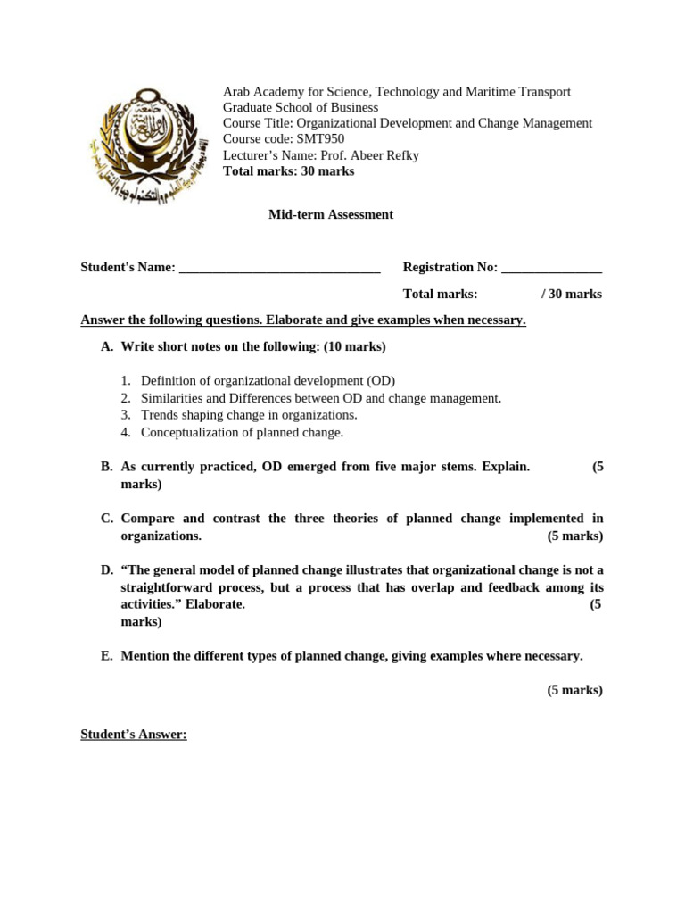Mid-Term Assessment Organizational Development Change | PDF