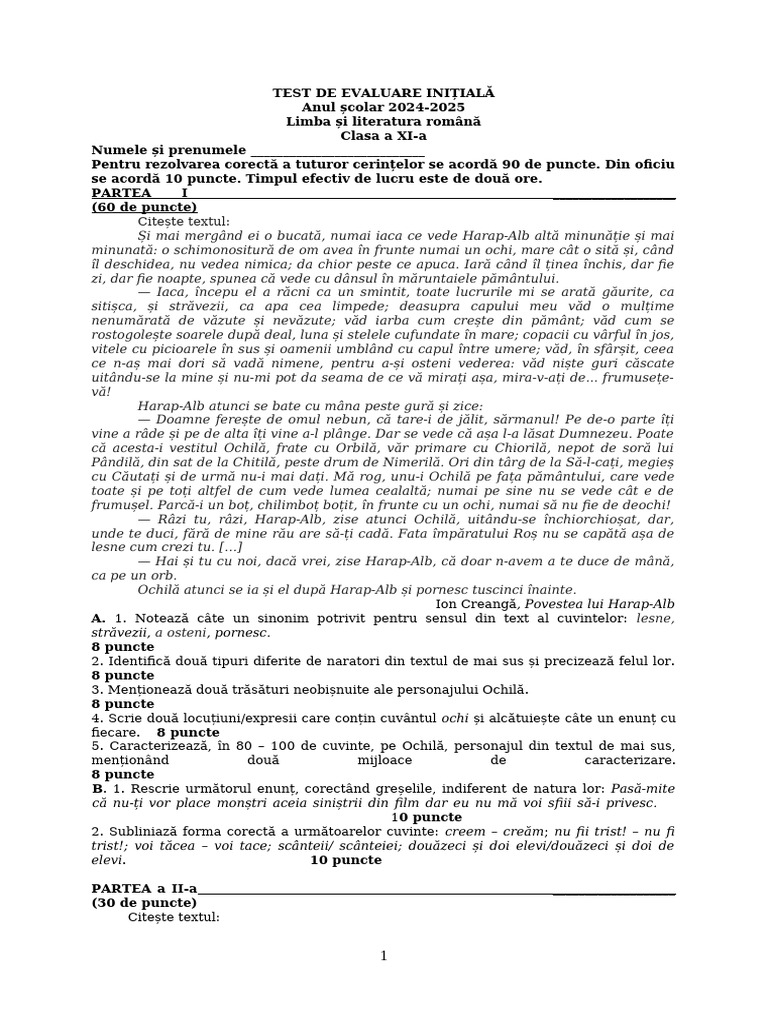 Test de Evaluare Initiala. Limba Si Literatura Romana. Clasa A Xia | PDF