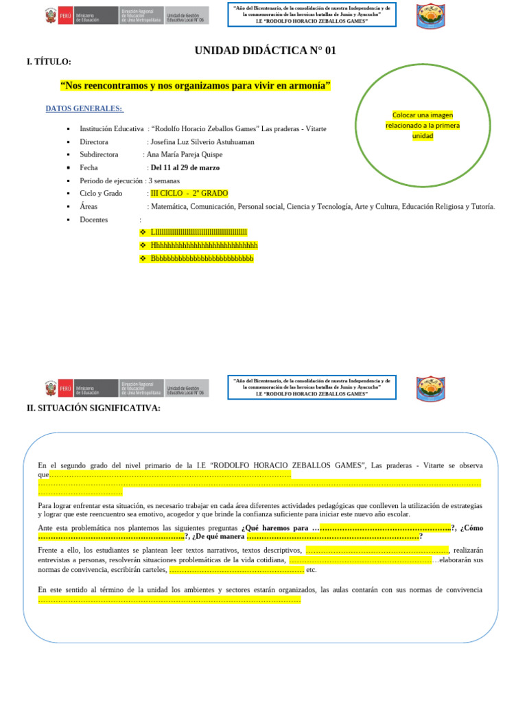 Esquema de UNIDAD DIDÁCTICA - IE Horacio Zeballoz - 2024 | PDF