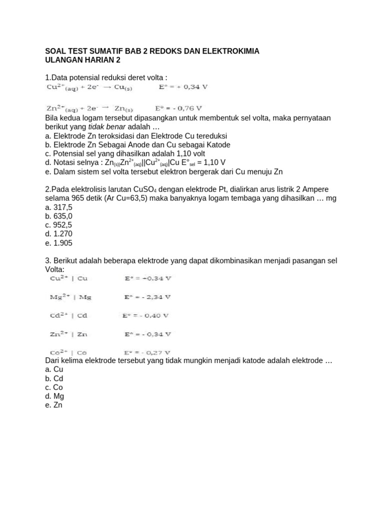 Soal Bab2 Uh 2 Sel Volta Elektrolisis Korosi | PDF