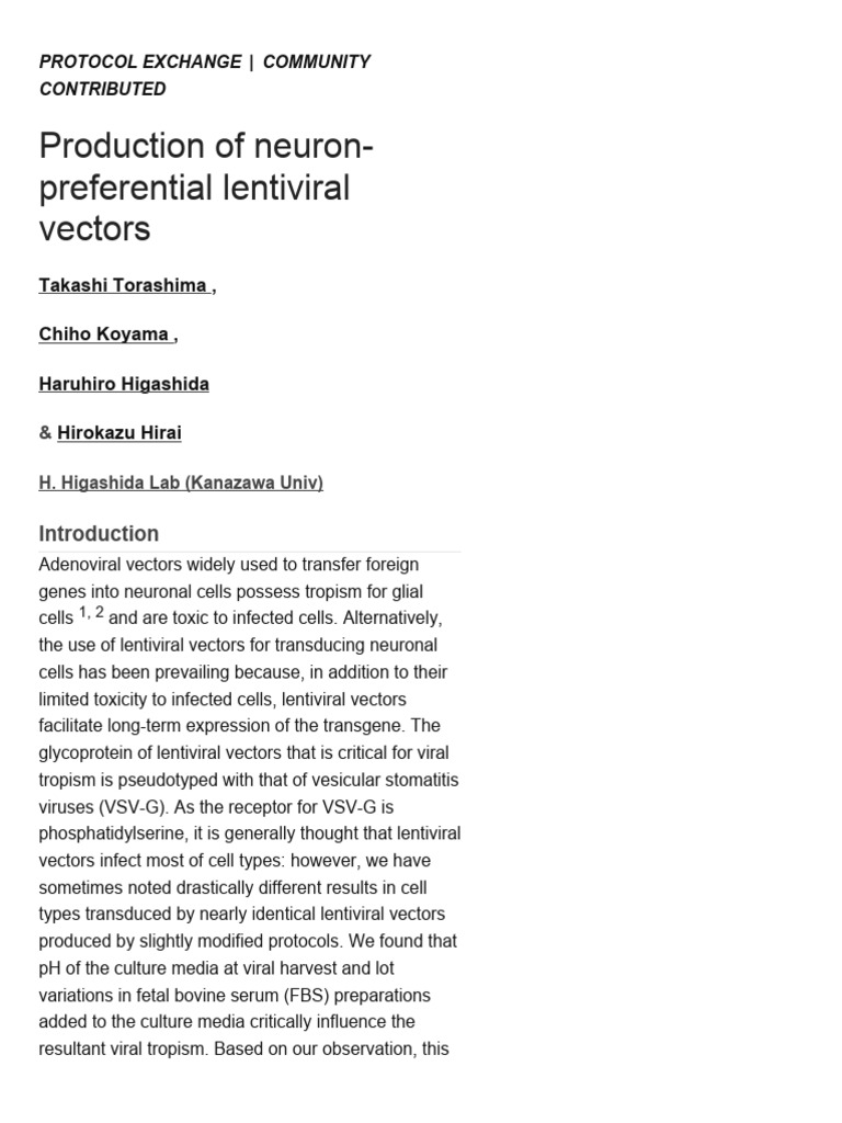 Production of Neuron-Preferential Lentiviral Vectors | PDF