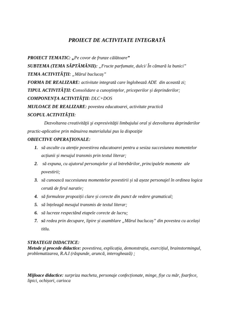 Proiect Activitate Integrata Marul Buclucas | PDF