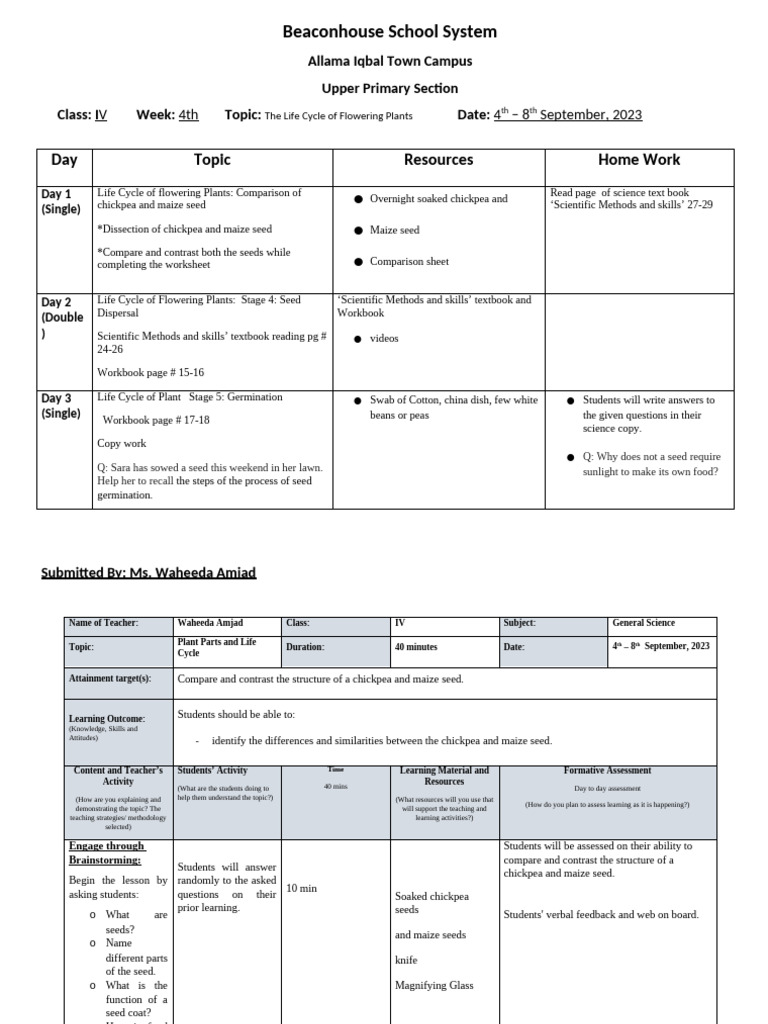 Science Plan Week 4 Class IV Germination, Seed Dispersal | PDF