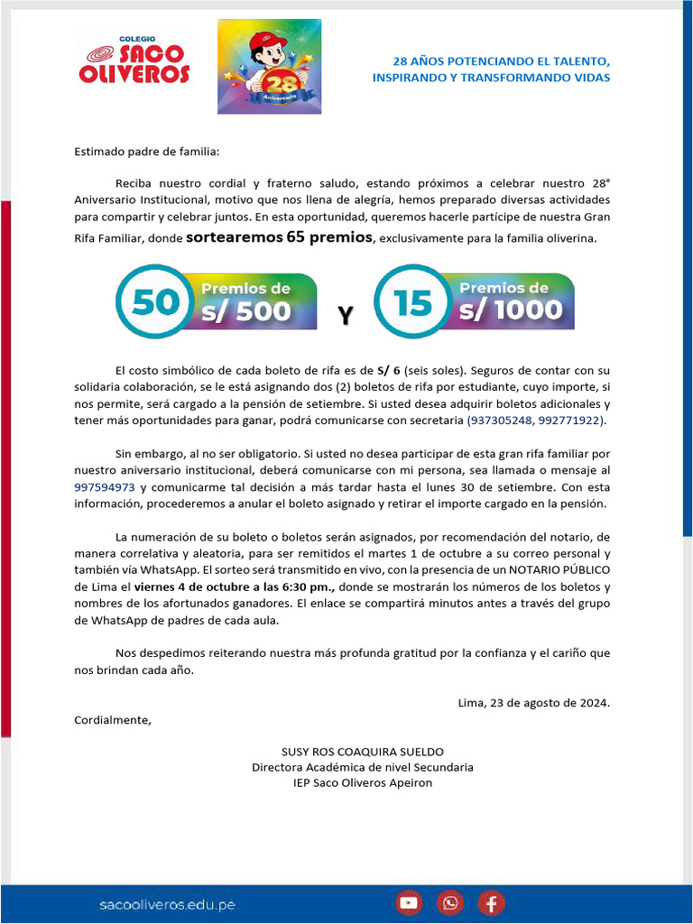 COMUNICADO Rifa 2024 - PPFF | PDF