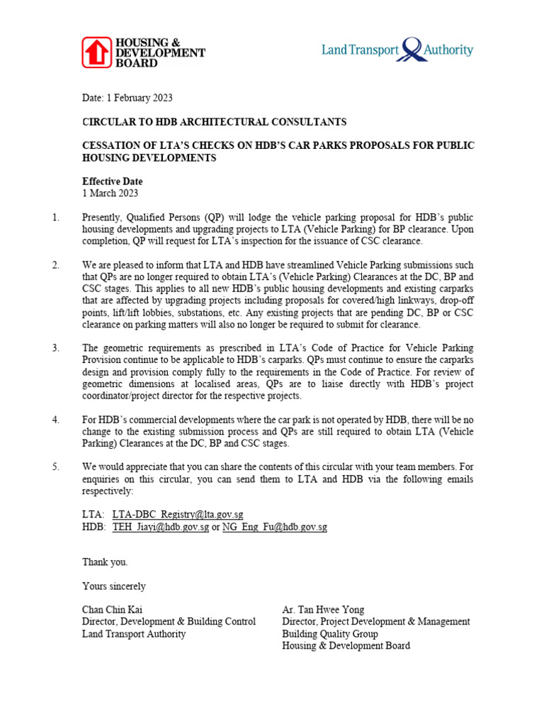LTA-HDB Circular On Cessation of Checks On HDB's Car Park | PDF