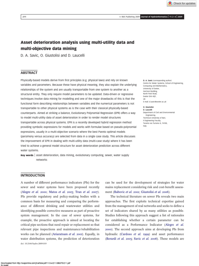 012 Asset Deterioration Analysis Using Multi-Utility Data and Multi-Objective Data Mining ...