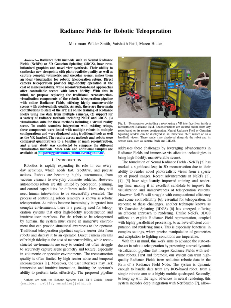 Radiance Fields From Robotic Teleoperation | PDF