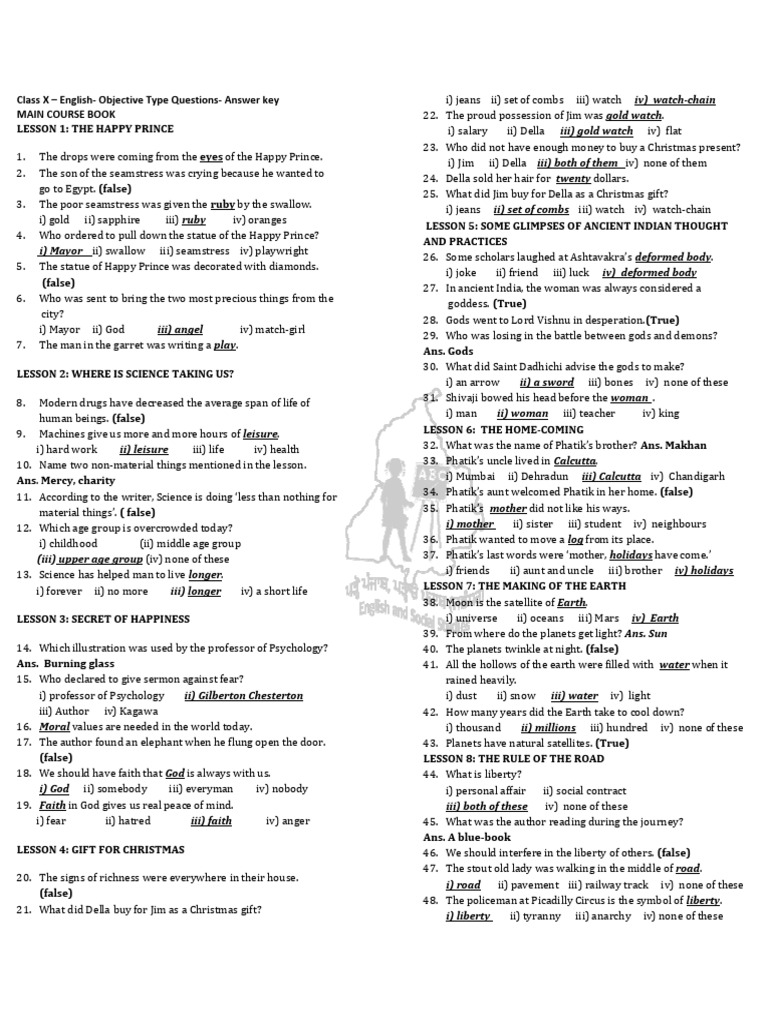 X - (Solved) OBJECTIVE TYPE QUESTIONS | PDF