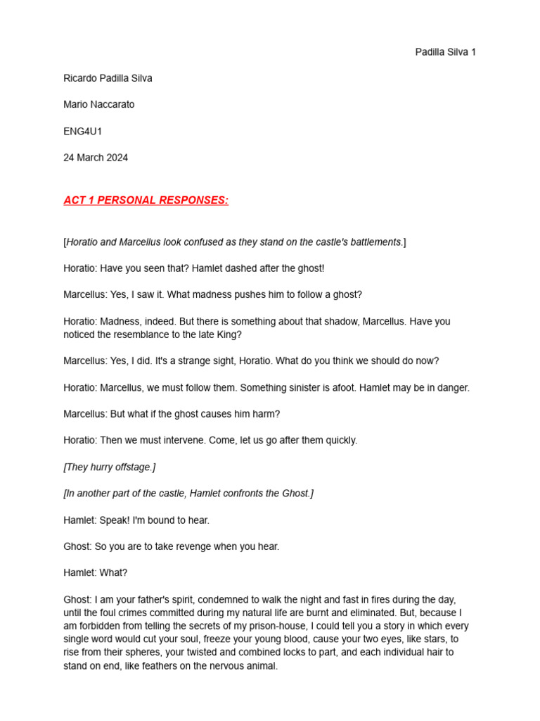 Hamlet Personal Response ACT 1 AND 2 Ricardo Padilla Silva | PDF