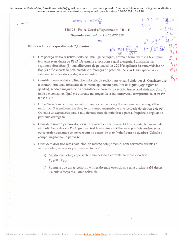 Prova 2 - Alexandre Gadelha FIS123 2018 1 UFBA _ Passei Direto | PDF