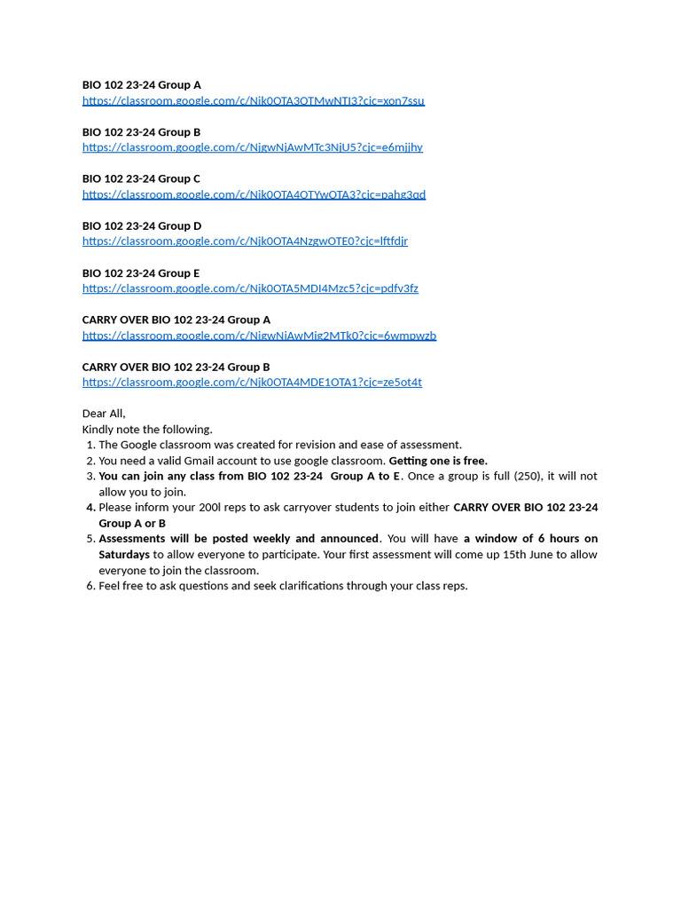 Google Classroom BIO 102 23-24 | PDF