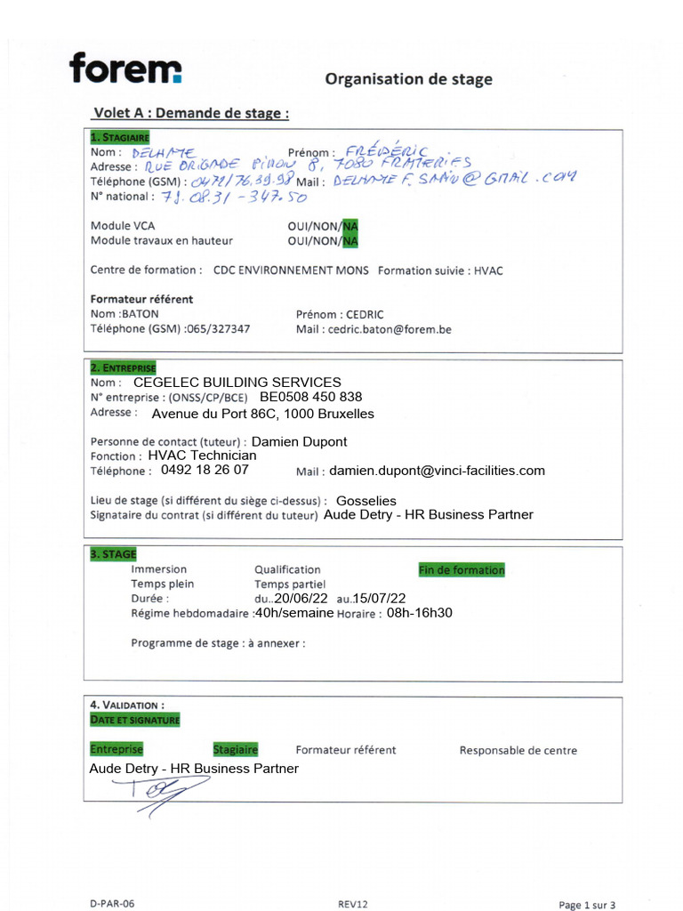 Contrat de Stage Delhaye Frédéric | PDF