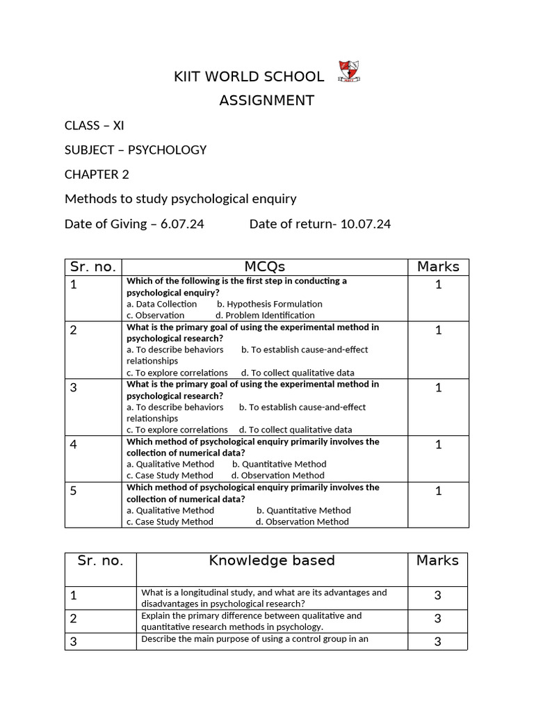 Assignment XI PSYCHOLOGY CH - 2 | PDF | Psychology | Career & Growth