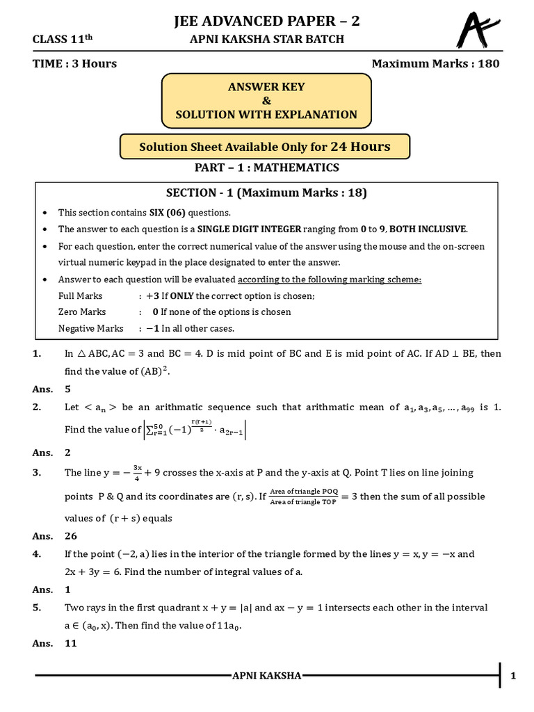 Answer key & Solution Explanation, JEE ADVANCED Paper - 02 Star Batch ...