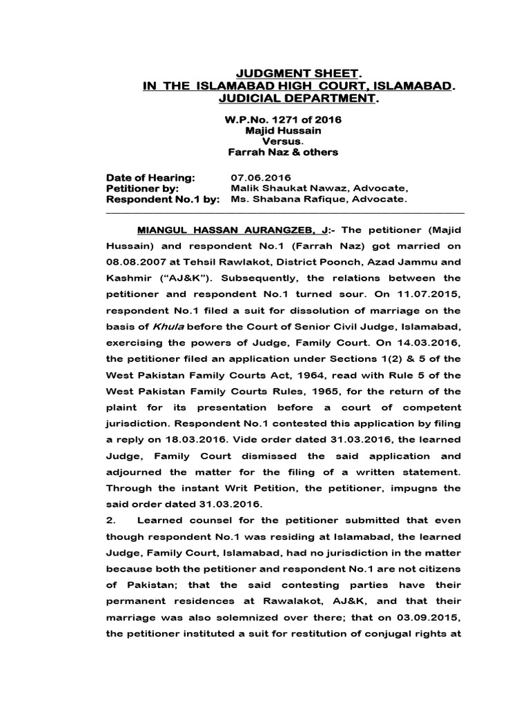 Judgment Sheet. in The Islamabad High Court, Islamabad. Judicial ...