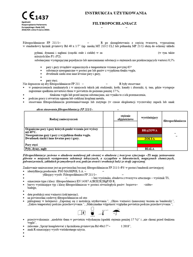 Instrukcja Filtropochlaniacze 2111 p3w R I FP 2111 p3w Ts R | PDF