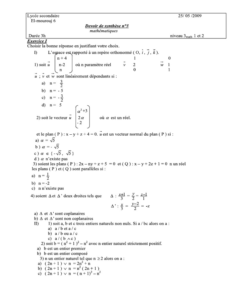 Devoir de Synthèse N°2 2008 2009 (El Mourouj 6) | PDF