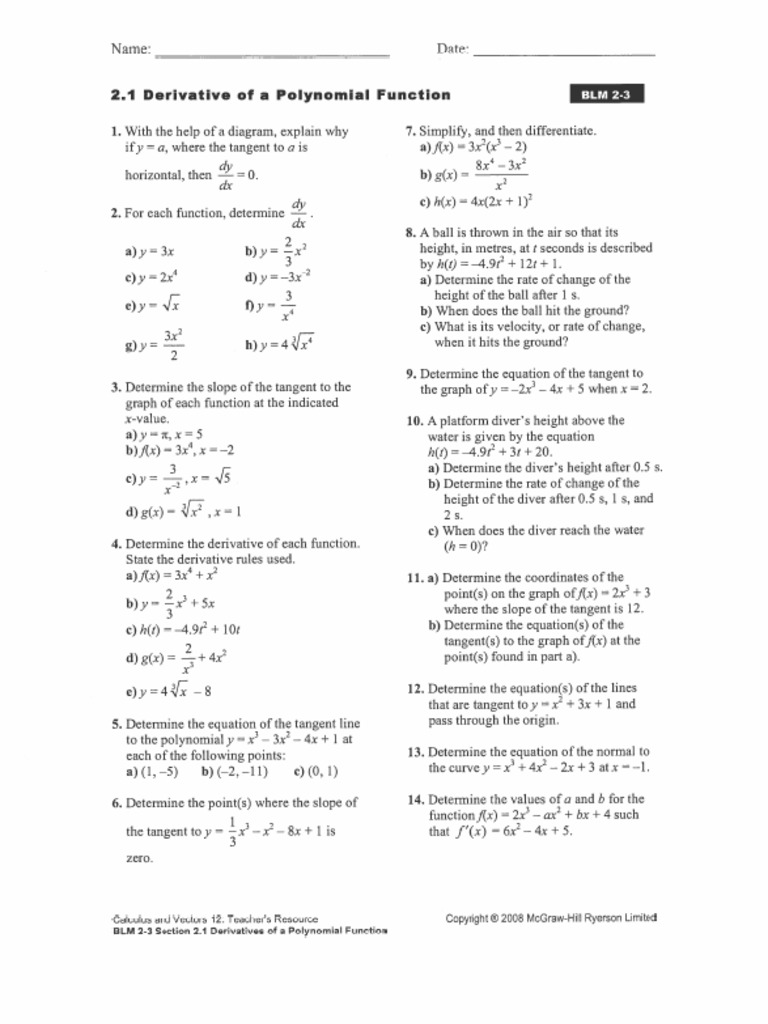 MCV4U - Unit 2 Extra Practice | PDF