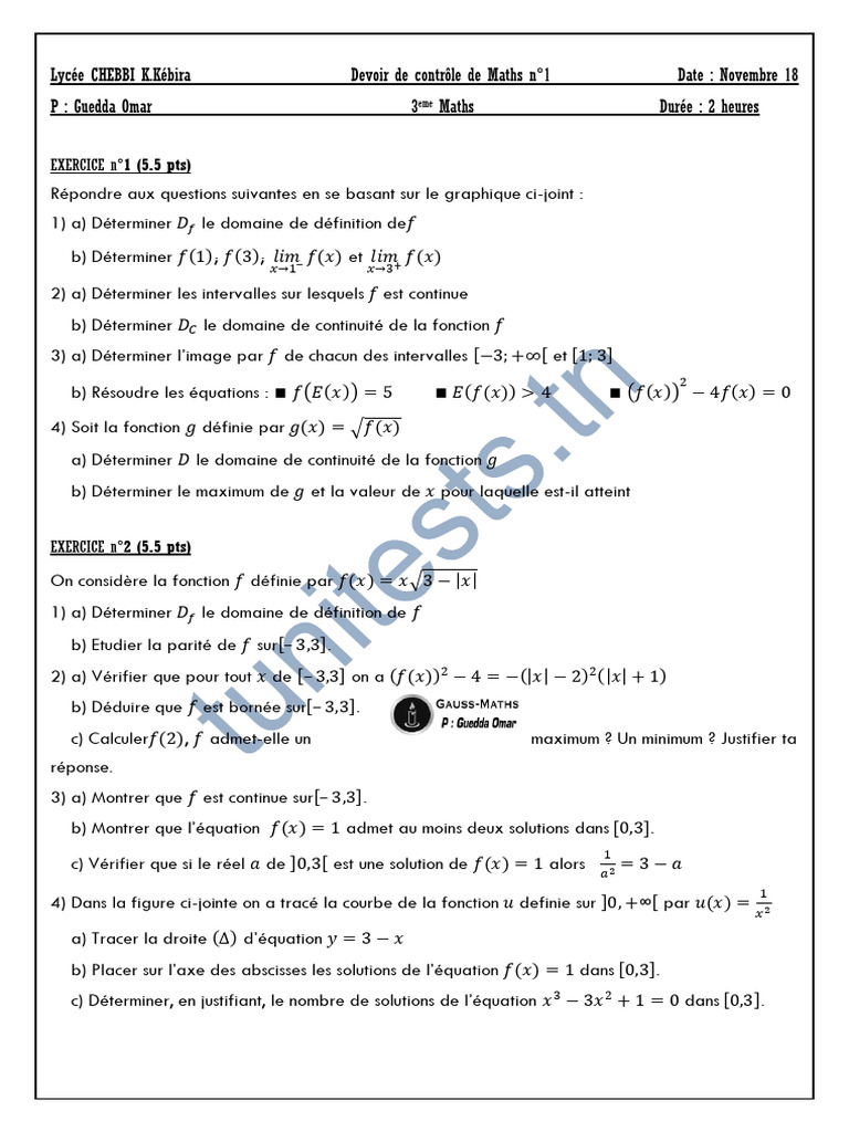Devoir - de - Controle - n1 3eme - Annee - Secondaire Maths Guedda Omar Lycee Chebbi Kebira | PDF