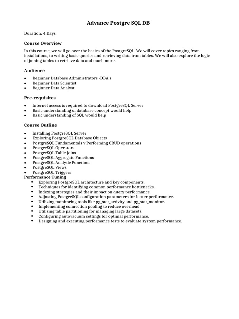 Advance Postgre SQL DB Course Outline | PDF | Career & Growth | Computers Advance Postgre SQL DB Course Outline | PDF | Career & Growth | Computers