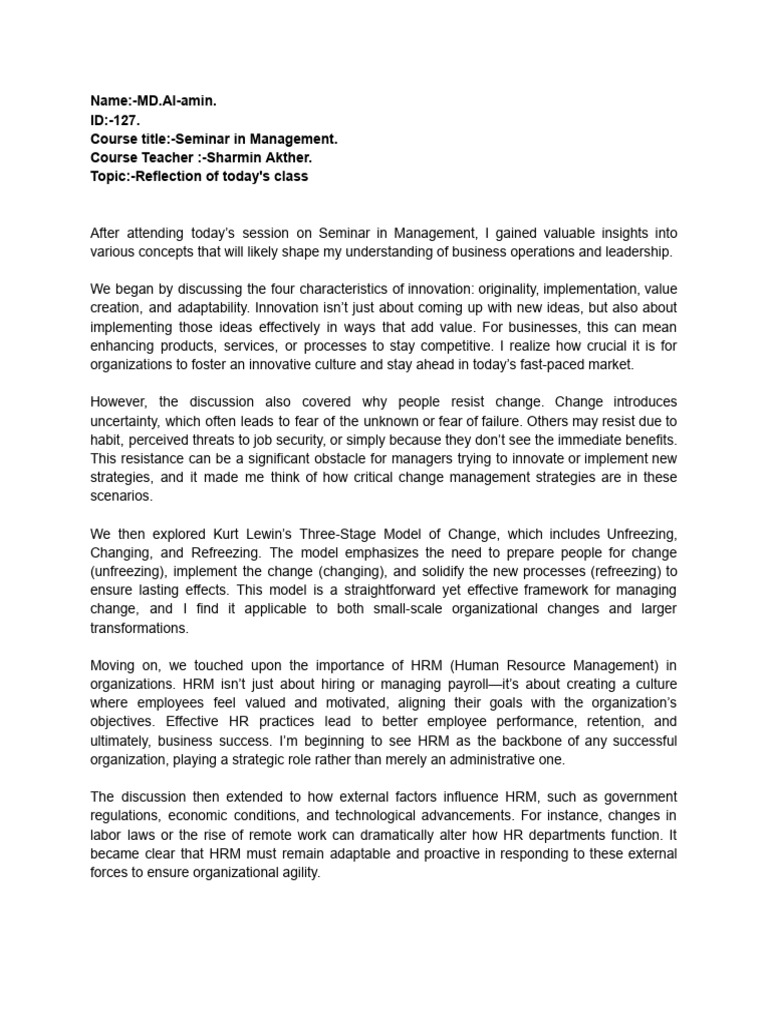 Name:-MD - Al-Amin. ID:-127. Course Title:-Seminar in Management. Course Teacher:-Sharmin Akther ...