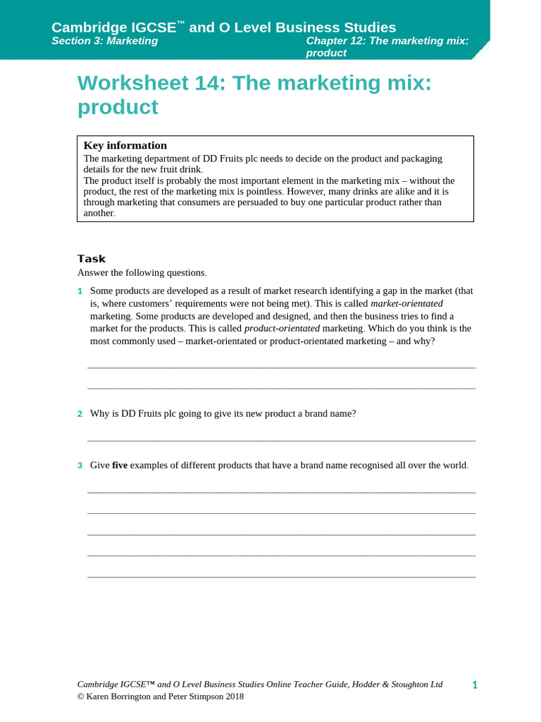 Worksheet 14- The marketing mix - product (1)22 | PDF