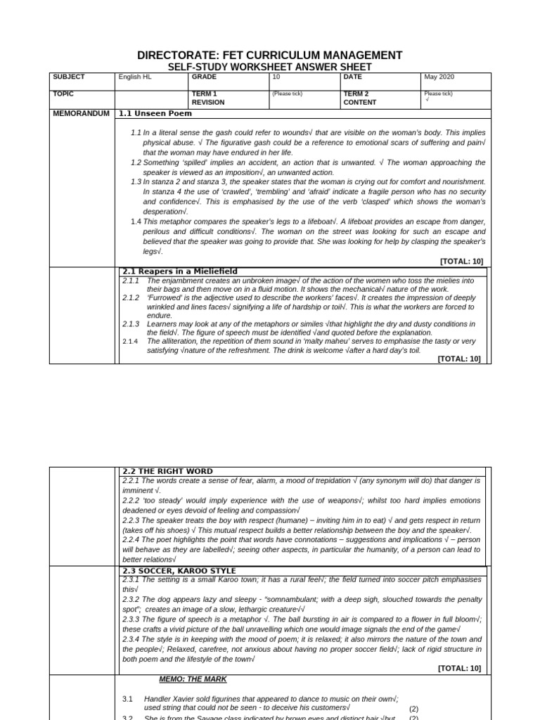 C ENGLILSH HL GRADE 10 WORKSHEET ON P2 ANSWERS | PDF