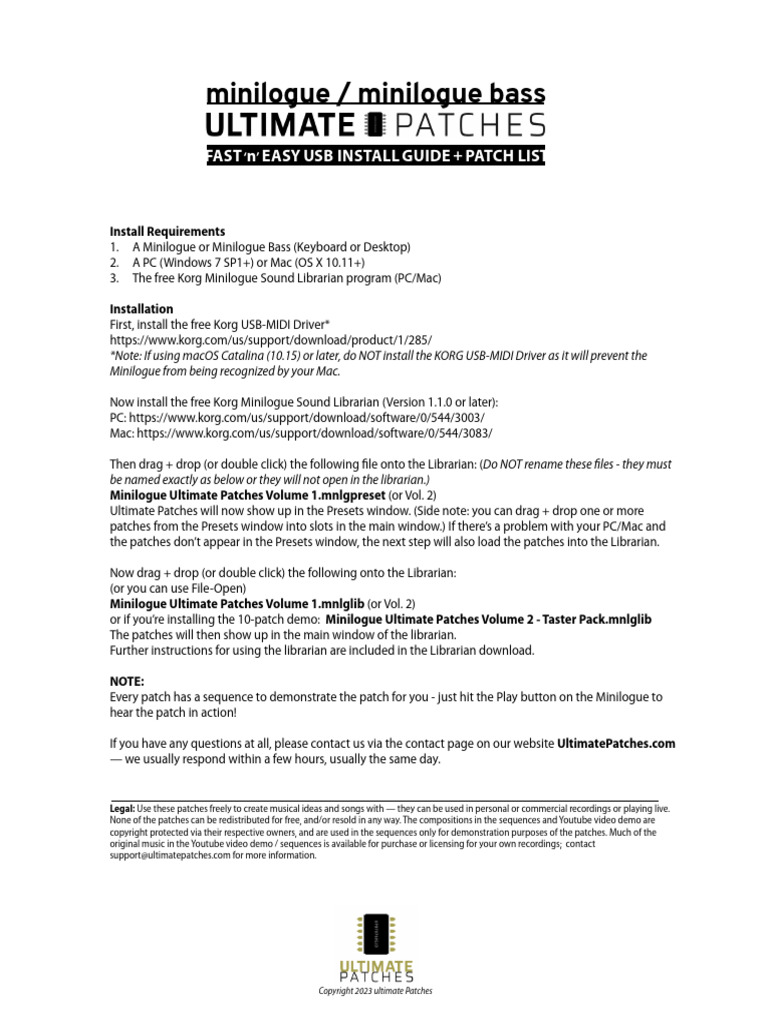 Korg Minilogue IMPORTANT Install+Patchlist | PDF