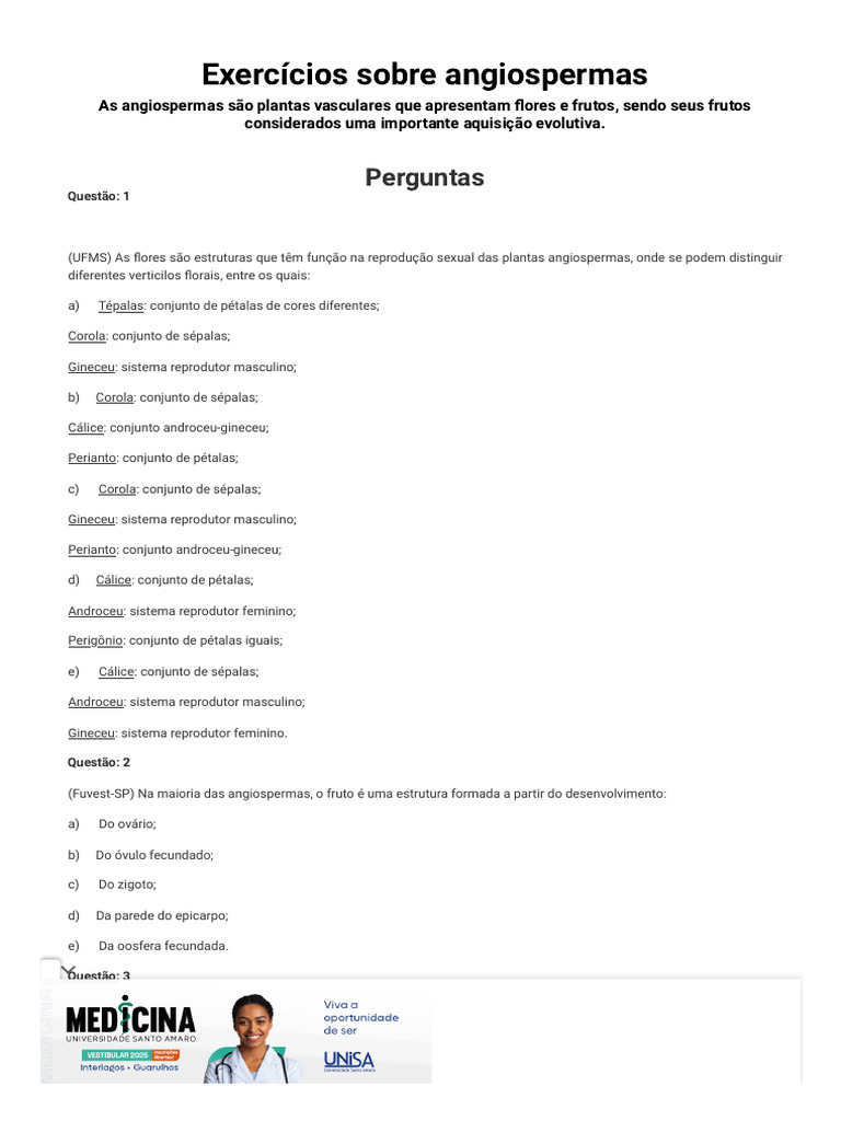 Exercícios Sobre Angiospermas. Teste Sobre Angiospermas - Brasil Escola ...