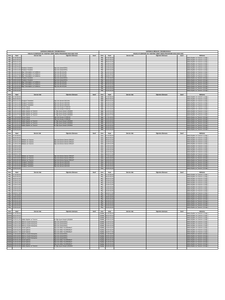 2022-2023 Güz Yariyili Ders Programi | PDF