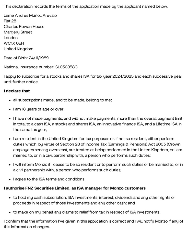 Stocks and Shares Isa Declaration 2024-09-19 | PDF