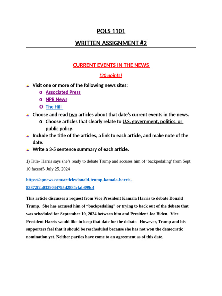 Written Assignment POLS 1101 Summer '24 JH R1 | PDF