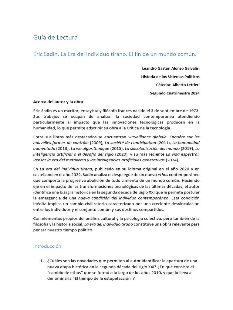 Sadin, E. - La Era Del Individuo Tirano (Guía de Lectura) | PDF