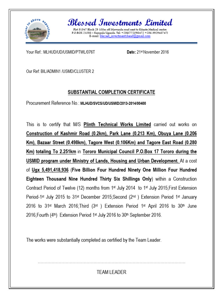 Substantial Completion Certificate | PDF Substantial Completion Certificate | PDF