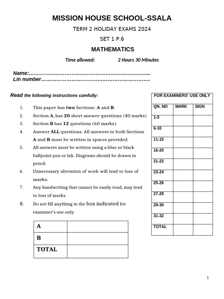 p6 Mathematics Holiday Set 1 | PDF