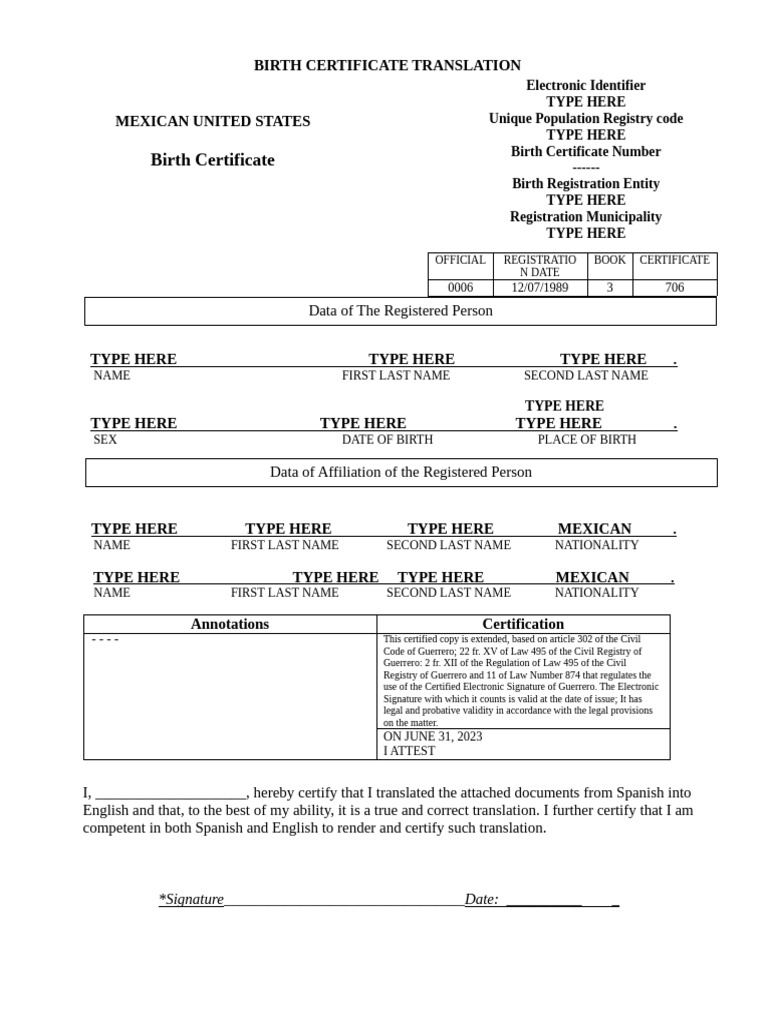 Mexican Birth Certificate Translation Template | PDF