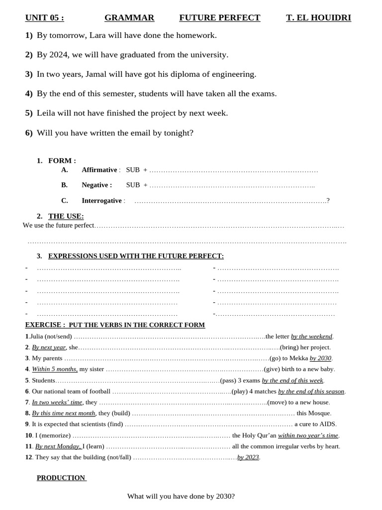 (Future Perfect) Lesson and Practice | PDF