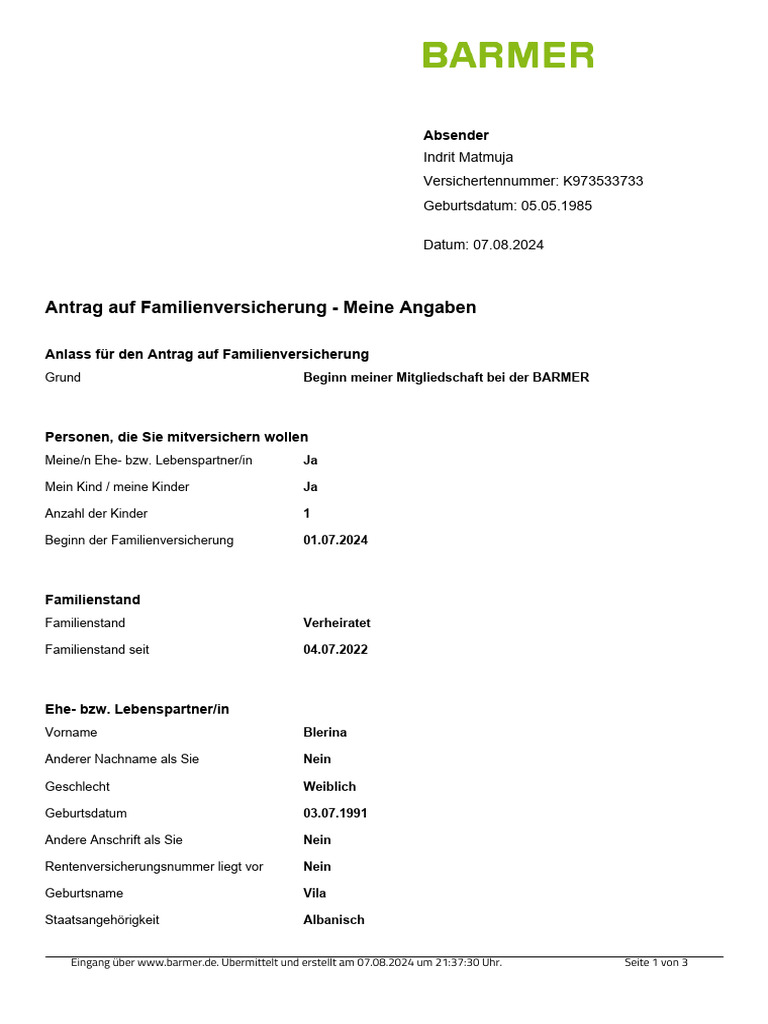 BARMER Antrag Familienversicherung | PDF