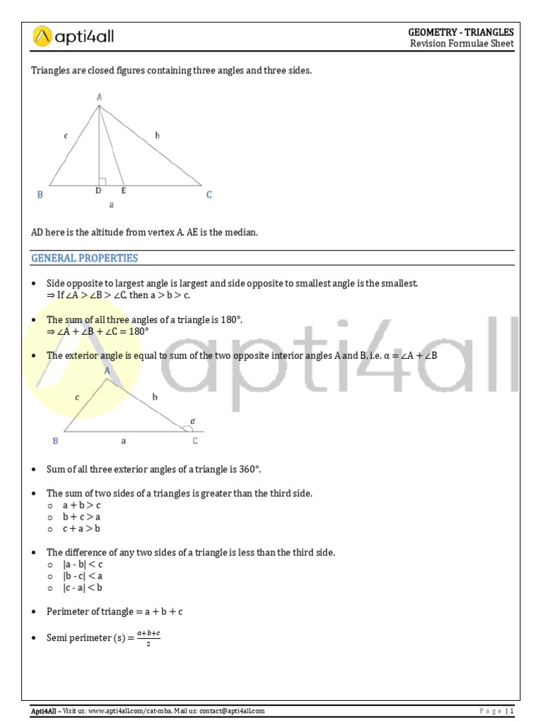 Triangle Geometry Formula Sheet | PDF | Triangle | Elementary Geometry