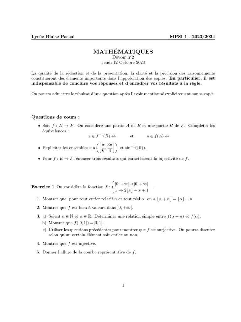 Math Ematiques: Lyc Ee Blaise Pascal MPSI 1 - 2023/2024 | PDF