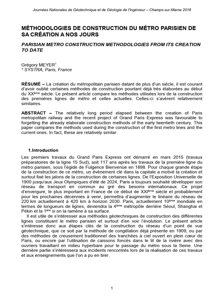 Méthodologies de Construction Du Métro Parisien de Sa Création A Nos ...