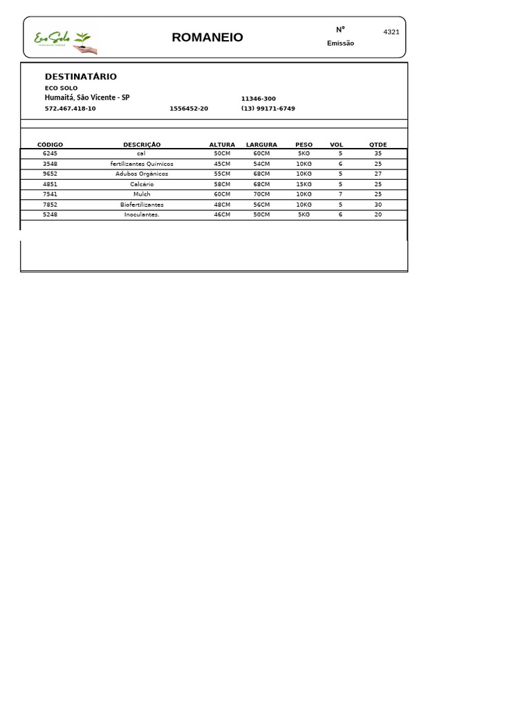 Romaneio de CARGAA | PDF