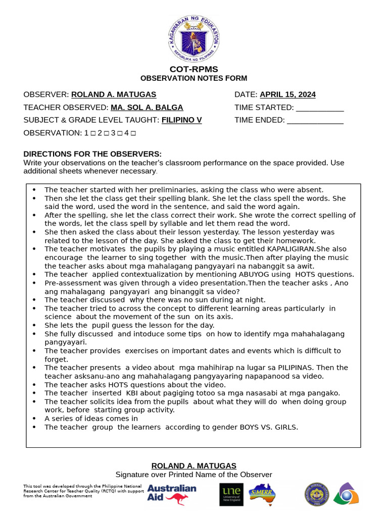 COT Observation Notes Sol Balga 1 | PDF
