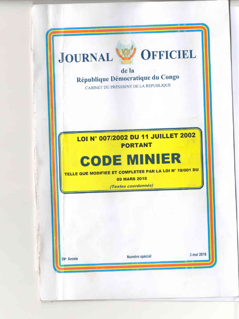 Code Minier de la RDC : Révisions 2018 | PDF | Exploitation minière ...