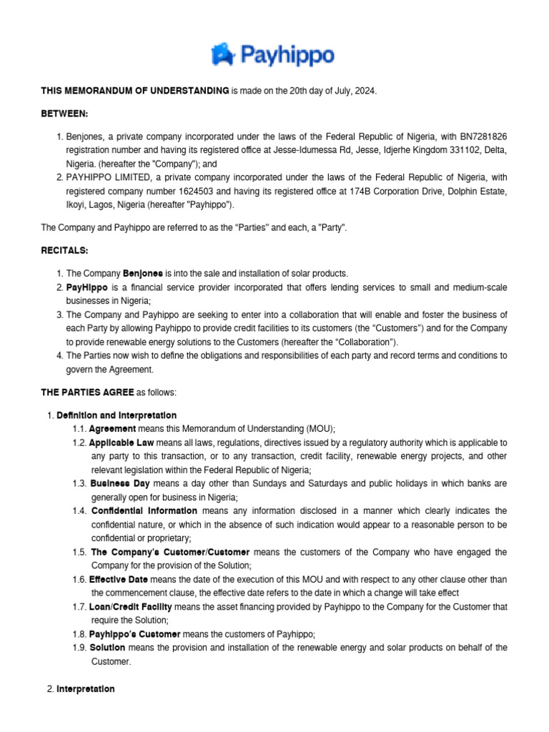 Benjones X Payhippo MOU Agreement | PDF